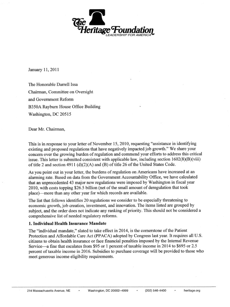 Heritage Foundation Letter To Chairman Issa - January 11, 2011 | PDF ...