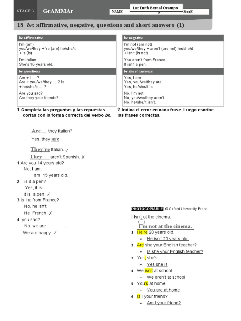 18 Be: Affirmative, Negative, Questions and Short Answers | PDF