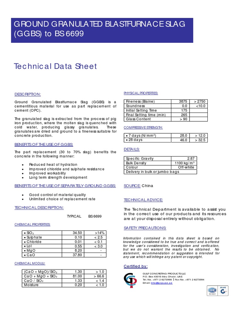 Technical Data Sheet: Ground Granulated Blastfurnace Slag (GGBS) To BS ...