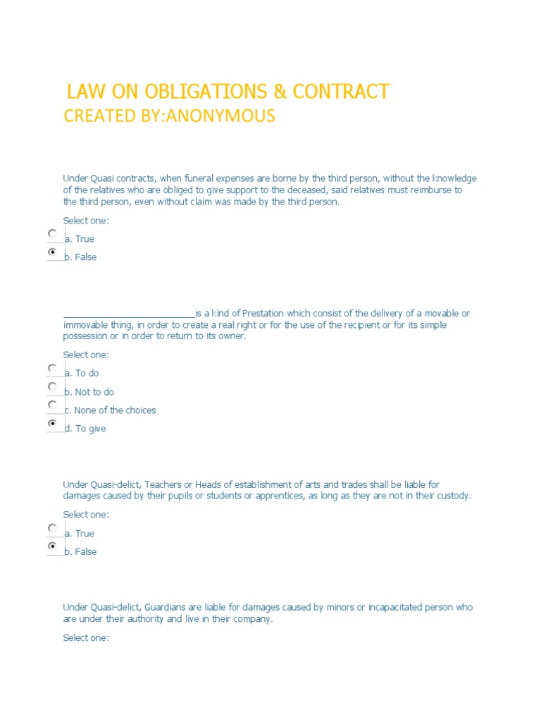 Law On Obligations & Contract Created By:Anonymous | PDF | Negligence | Law Of Obligations