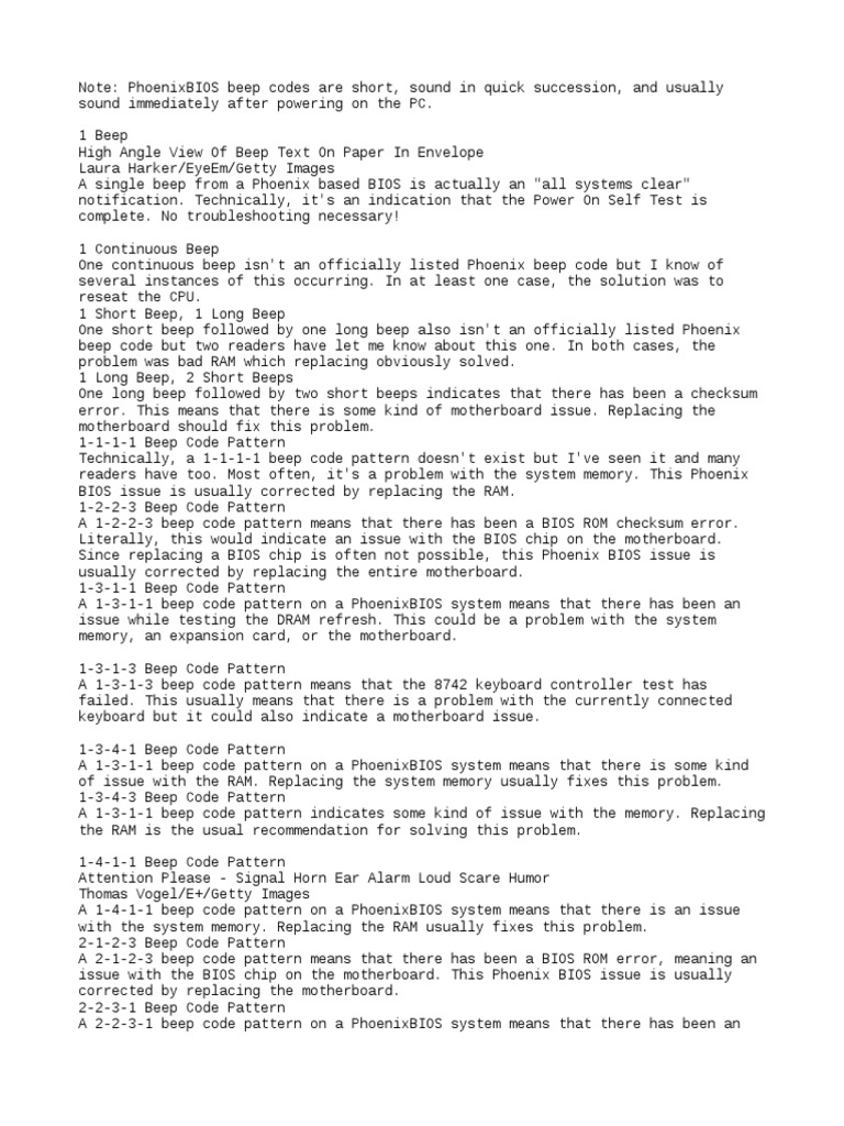Phoenix Beep Code Troubleshooting (PhoenixBIOS) | PDF | Bios | Random Access Memory