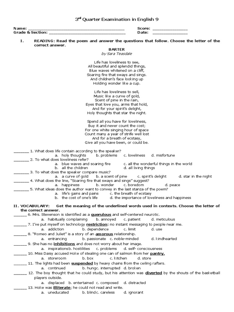 Grade 9 English 3rd Quarter Exam | PDF | Characters In Romeo And Juliet ...