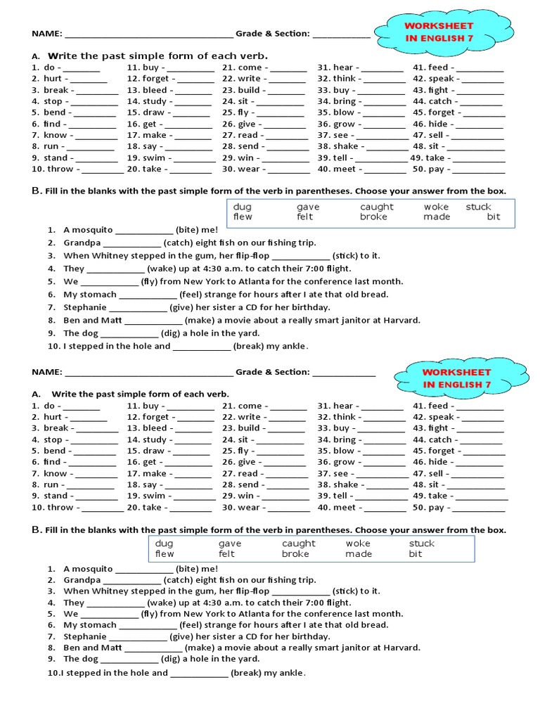 A. Write The Past Simple Form of Each Verb.: Worksheet IN | PDF