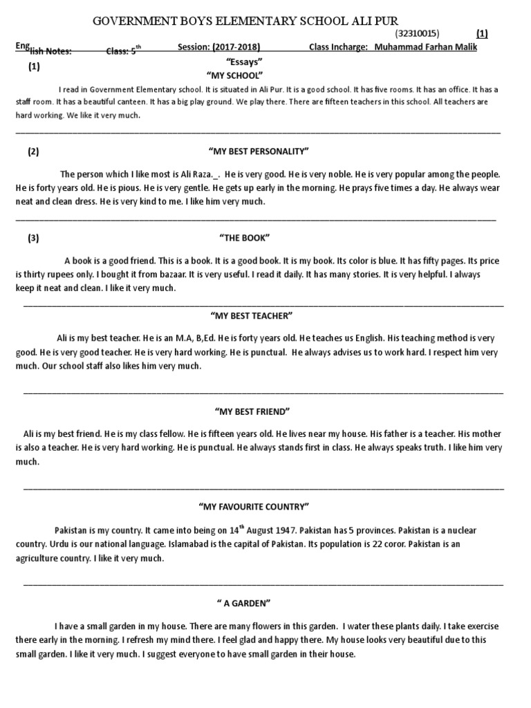 "Essays": Eng Lish Notes: Class: 5 Session: (2017-2018) Class Incharge ...