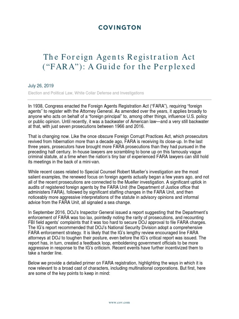 The Foreign Agents Registration Act ("FARA") : A Guide For The ...