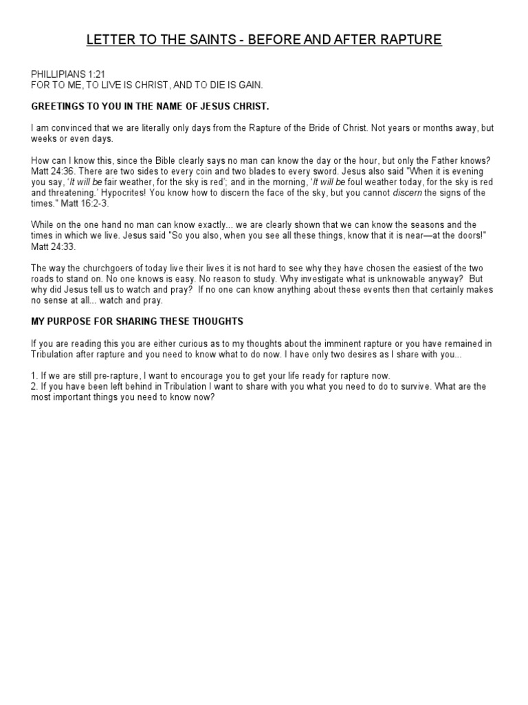 Letter To The Saints | PDF | Great Tribulation | Rapture