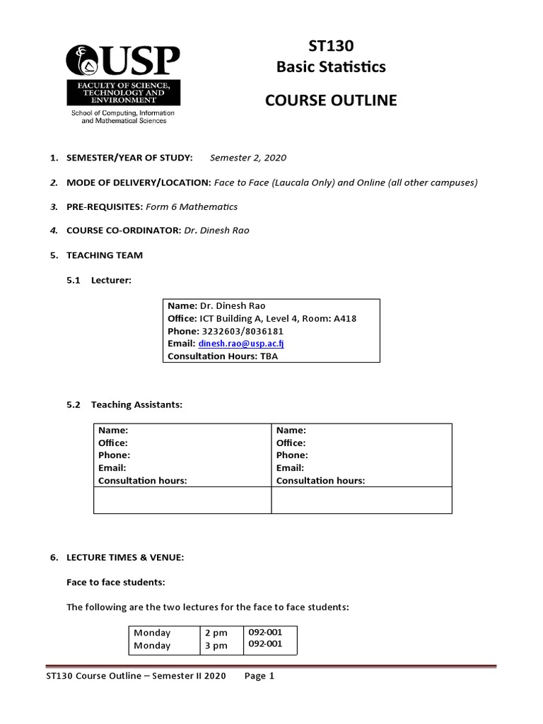 ST130 Basic Statistics Course Outline | PDF | Probability Distribution | Statistics