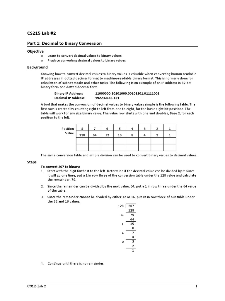 CS215 Lab #2: Part 1: Decimal To Binary Conversion | Download Free PDF | Lexicology | Theory Of ...