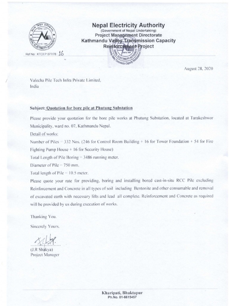 16 - Quotation For Bore Pile at Phutung Substation | PDF