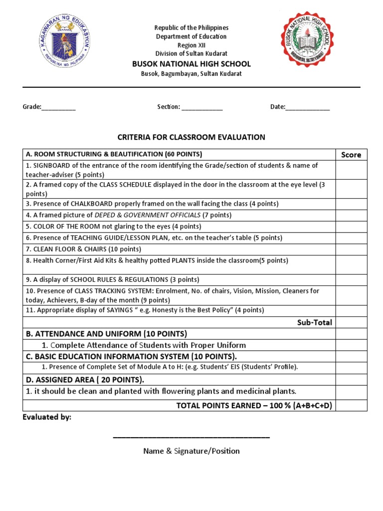 Classroom Evaluation Form | PDF