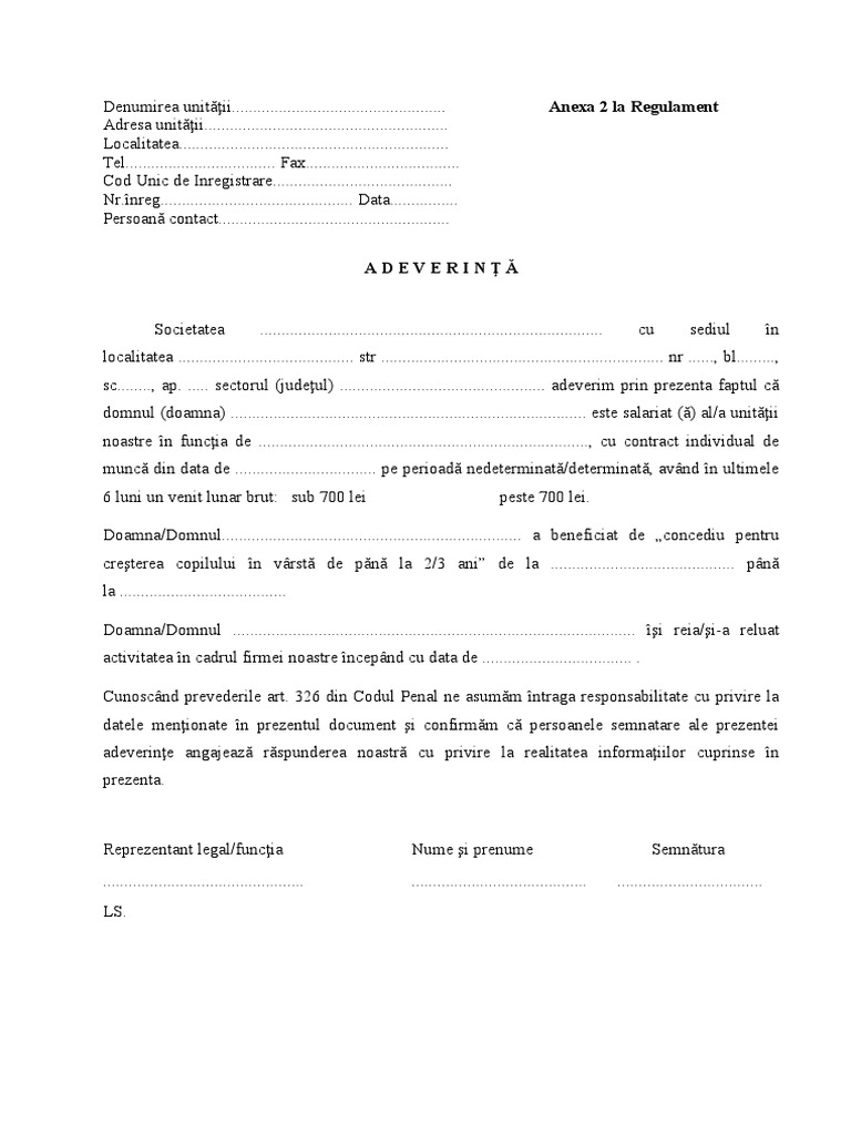 Adeverinta Angajator Anexa 2 | PDF