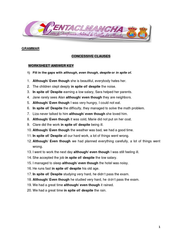Concessive Clauses Worksheet & Answers | PDF