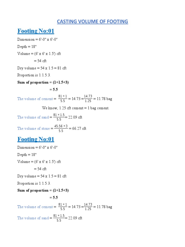 Footing No:01: Casting Volume of Footing | PDF | Civil Engineering ...