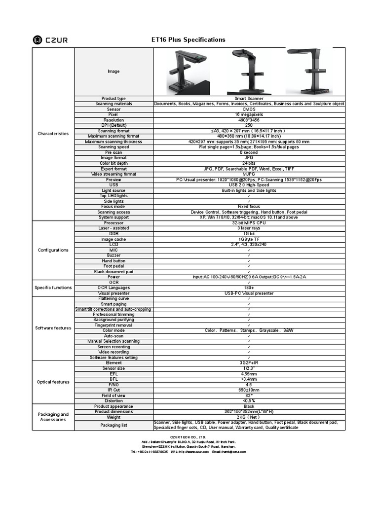 ET16 Plus Smart Scanner Specifications | PDF | Image Scanner | Pixel