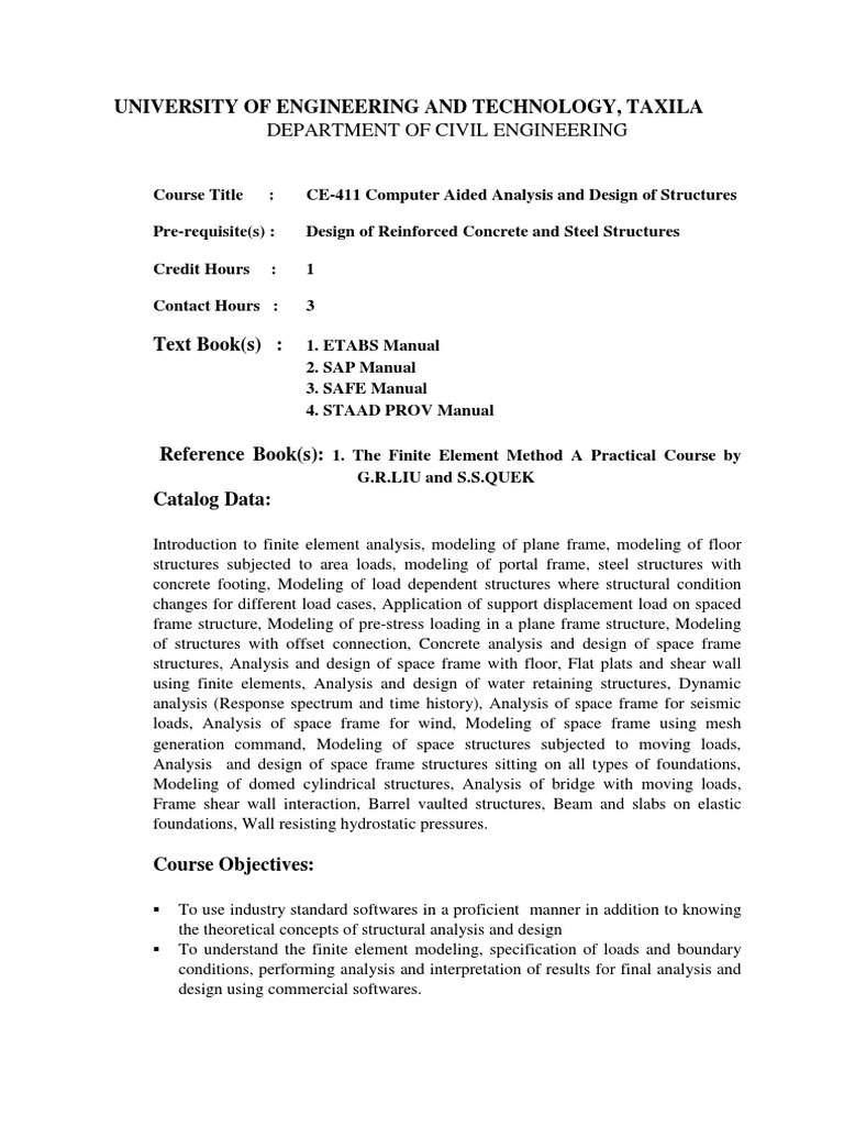 Computer Aided Analysis and Design (CE-411) | PDF | Finite Element Method | Structural Engineering