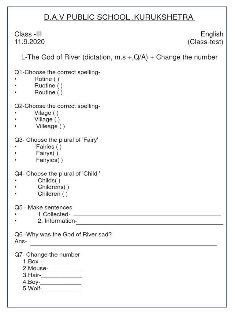 Class III English Test: God of River | PDF | Teaching Methods & Materials