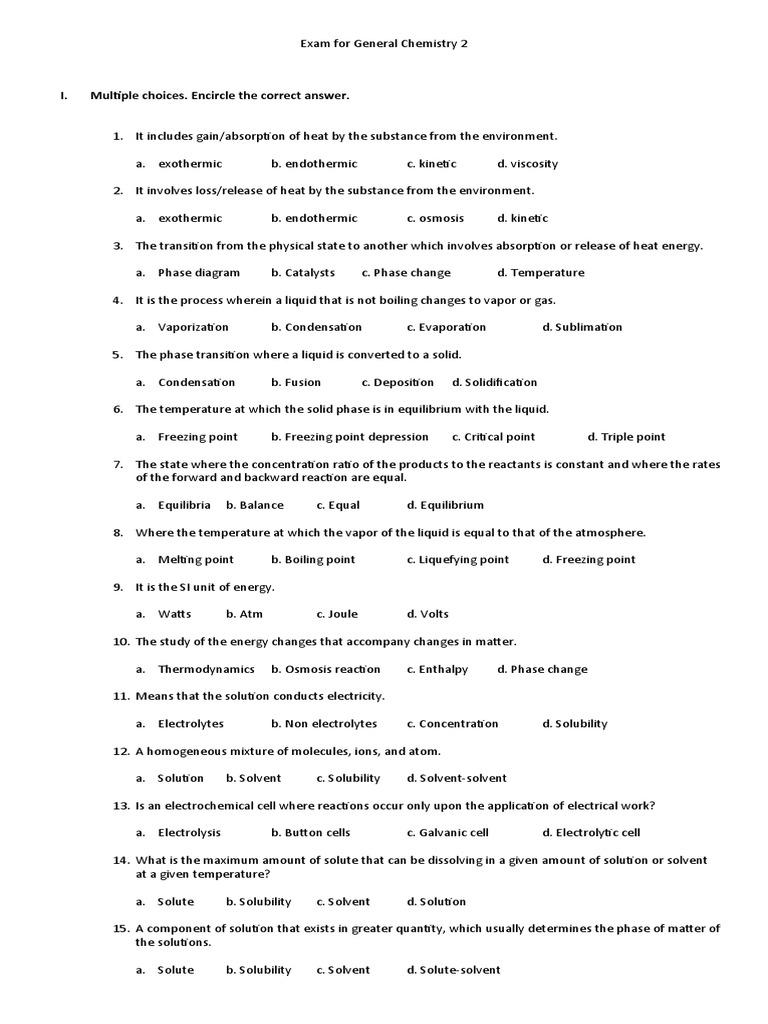 Exam For General Chemistry 2 | PDF | Solution | Phase (Matter)