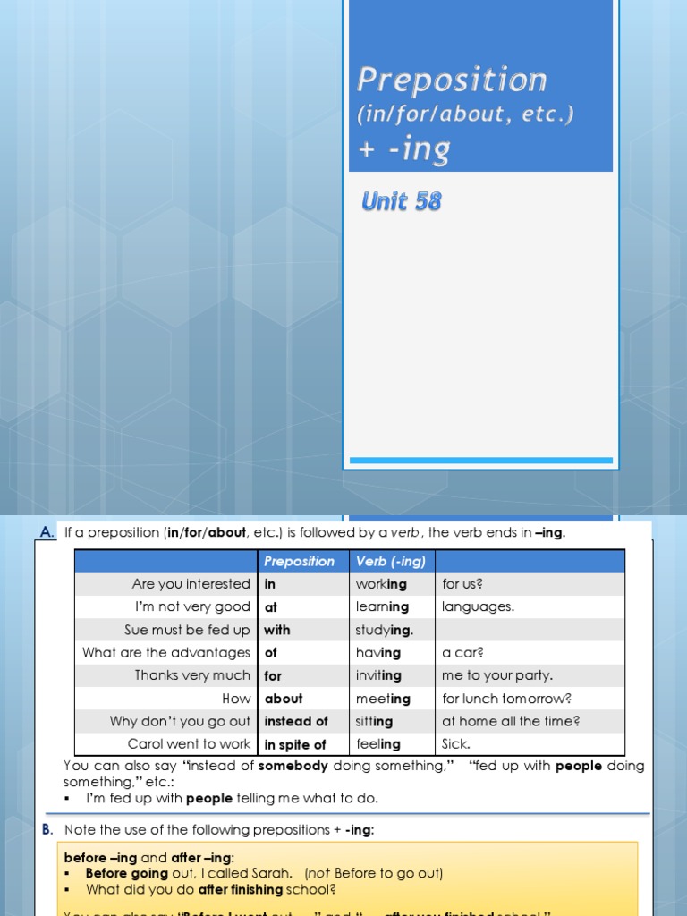 Unit 58 Preposition + - Ing | PDF | Preposition And Postposition | Verb