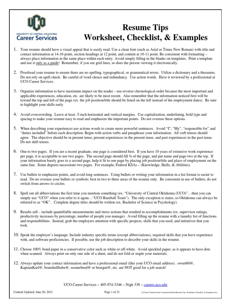 Resume Tips Worksheet, Checklist, & Examples: Careers - Uco.edu | PDF ...