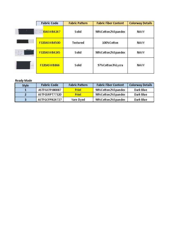 Fabric Code: Fabric Pattern Fabric Fiber Content Colorway Details | PDF ...