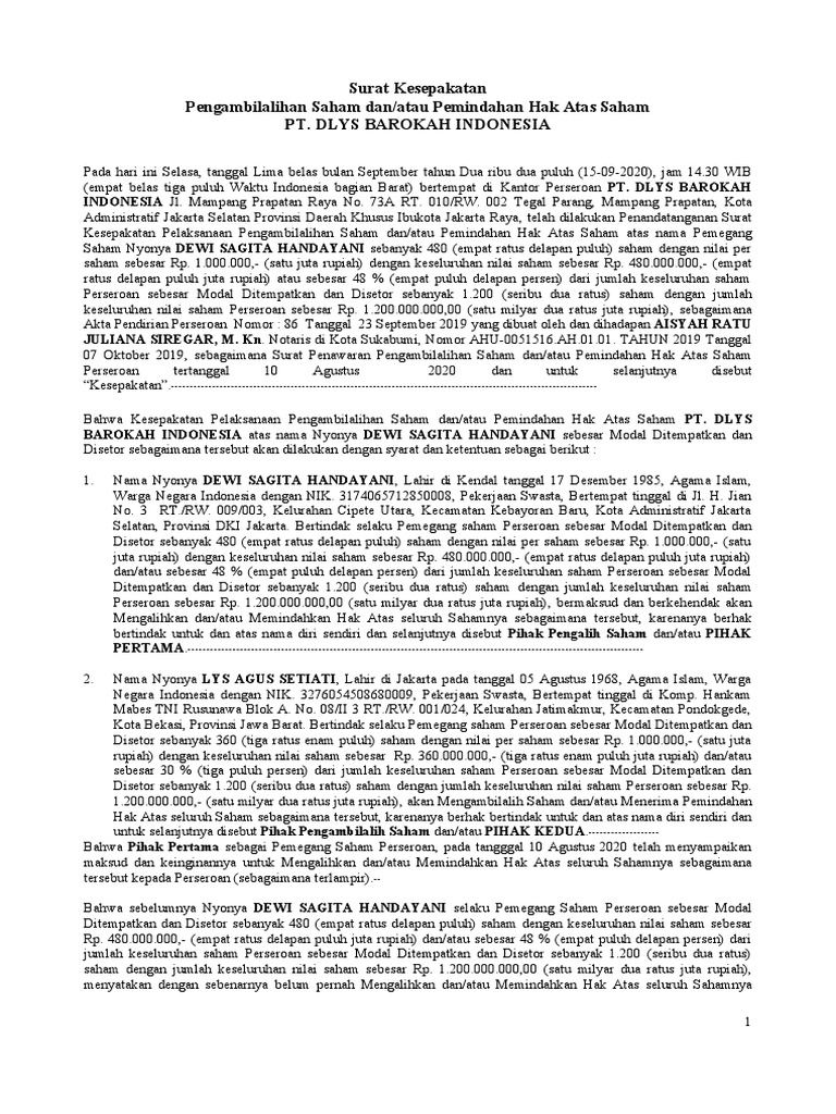 Surat Pengalihan Saham Dan Atau Pemindahan Hak Atas Saham | PDF