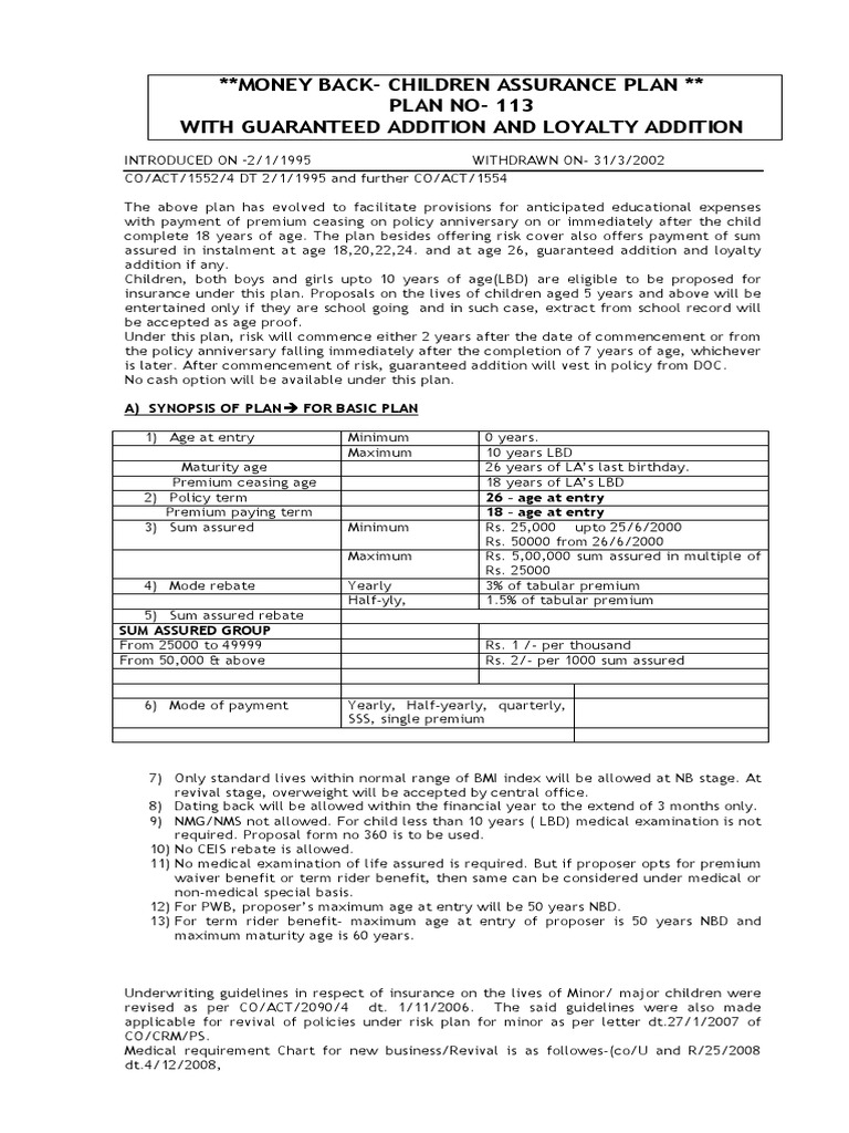 113 Children Money Back Plan | PDF | Body Mass Index | Insurance
