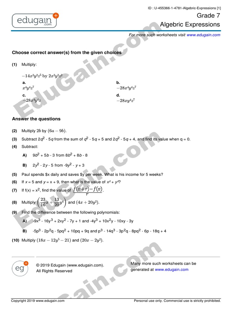 Grade 7 Algebric Expressions: y Z y Z X y Z y Z y Z Z | PDF | Discrete ...