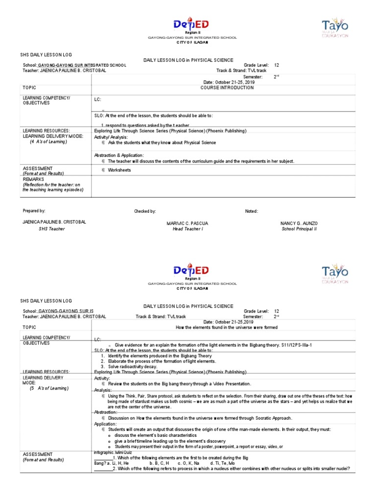 Shs Daily Lesson Log Physical Science | PDF | Radioactive Decay ...