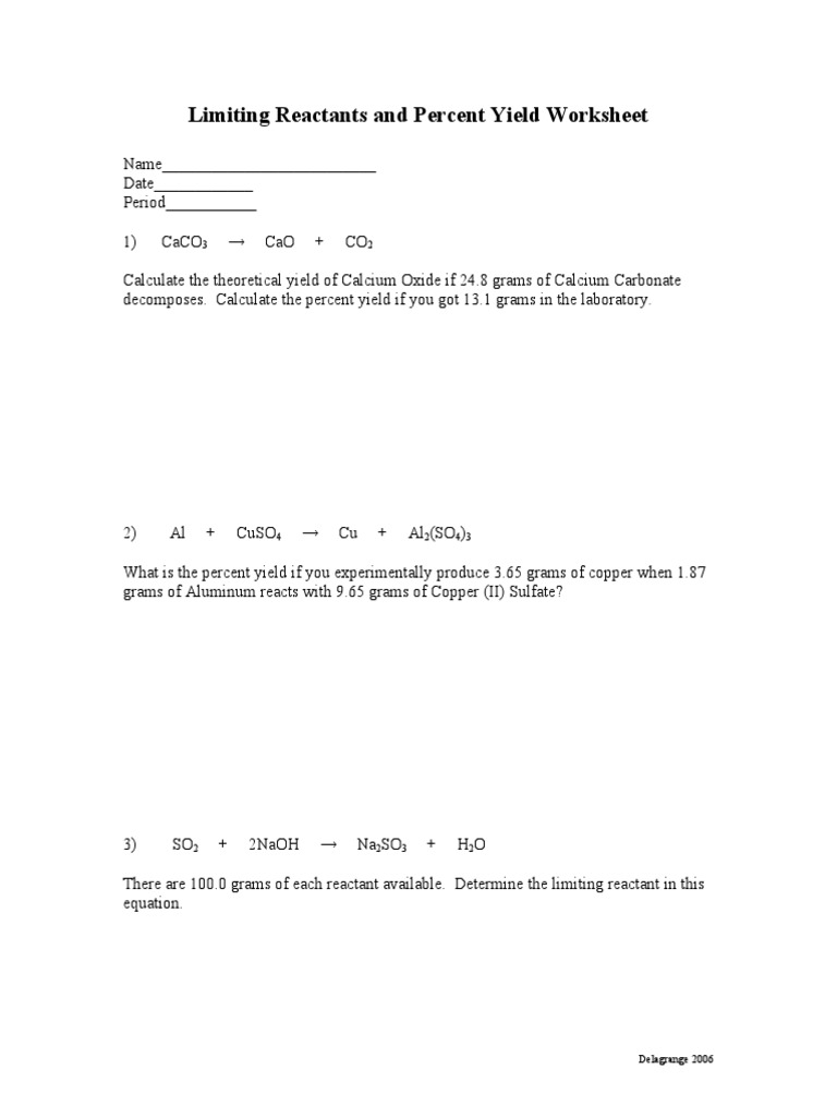 Limiting Reactants and Percent Yield Worksheet | PDF