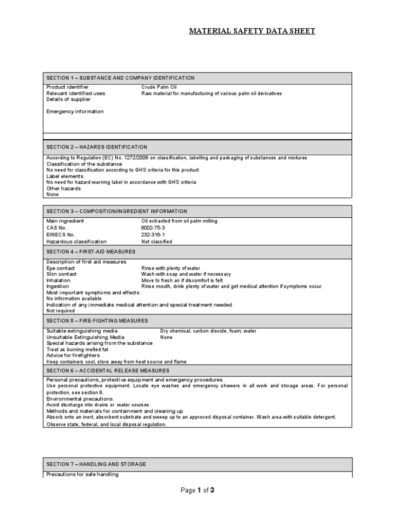 Material Safety Data Sheet: Crude Palm Oil | PDF | Toxicity | Dangerous ...