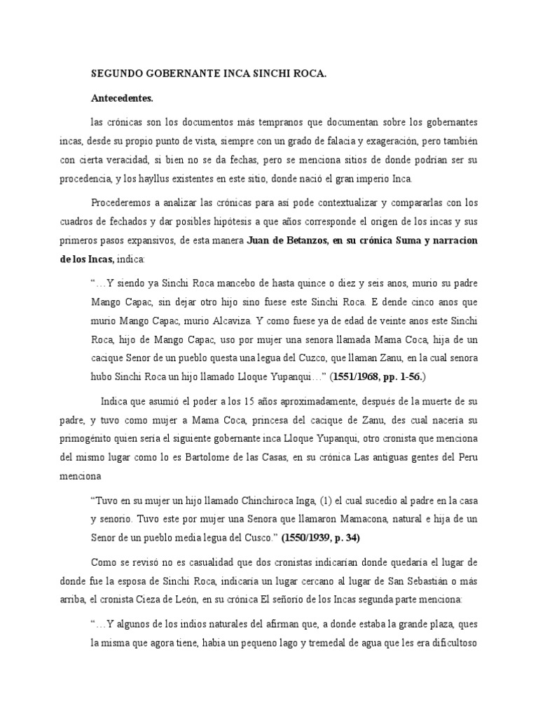 Segundo Gobernante Inca Sinchi Roca | PDF | Imperio Inca | Perú