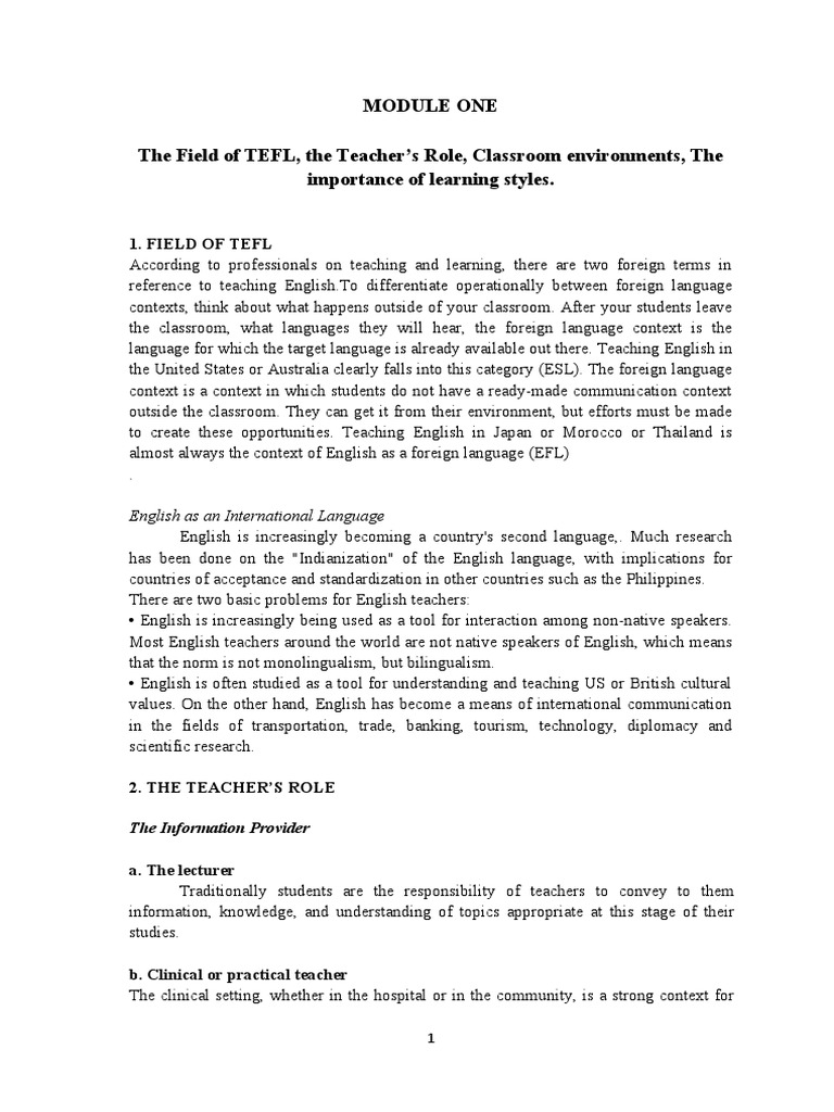 TEFL Teacher Roles and Classroom Strategies | PDF | Extraversion And Introversion | Teachers