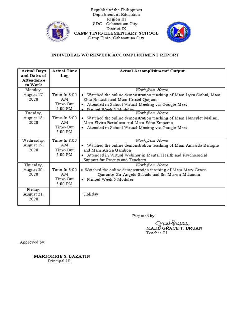 August 17-21, 2020 Bruan Individual-WorkWeek-Plan-Accomplishment-Report ...