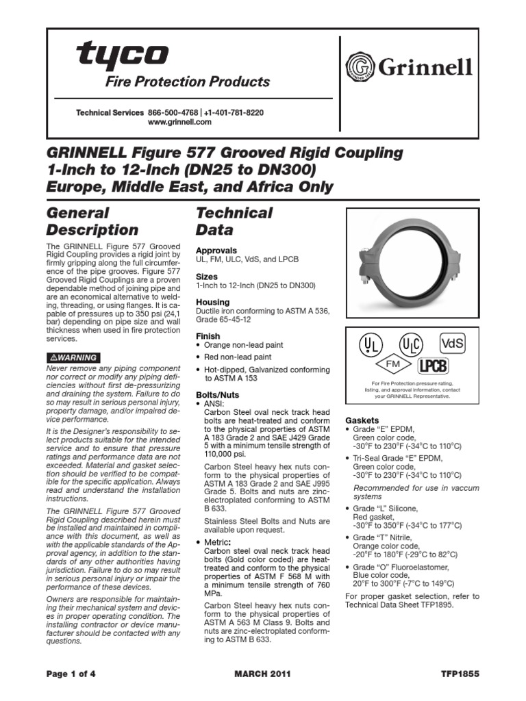 GRINNELL 577 Replacem. VICTAULIC STYLE 75 | PDF | Pipe (Fluid Conveyance) | Screw