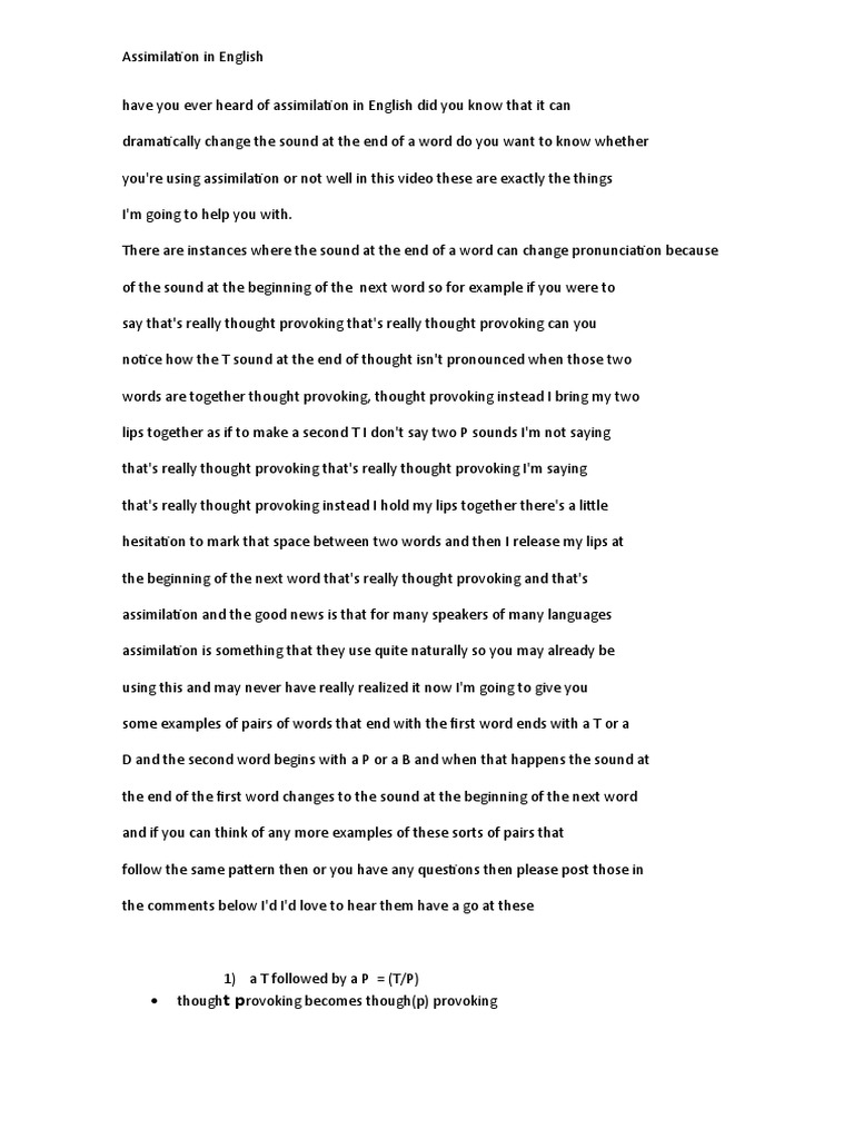 Assimilation | PDF | English Language | Word
