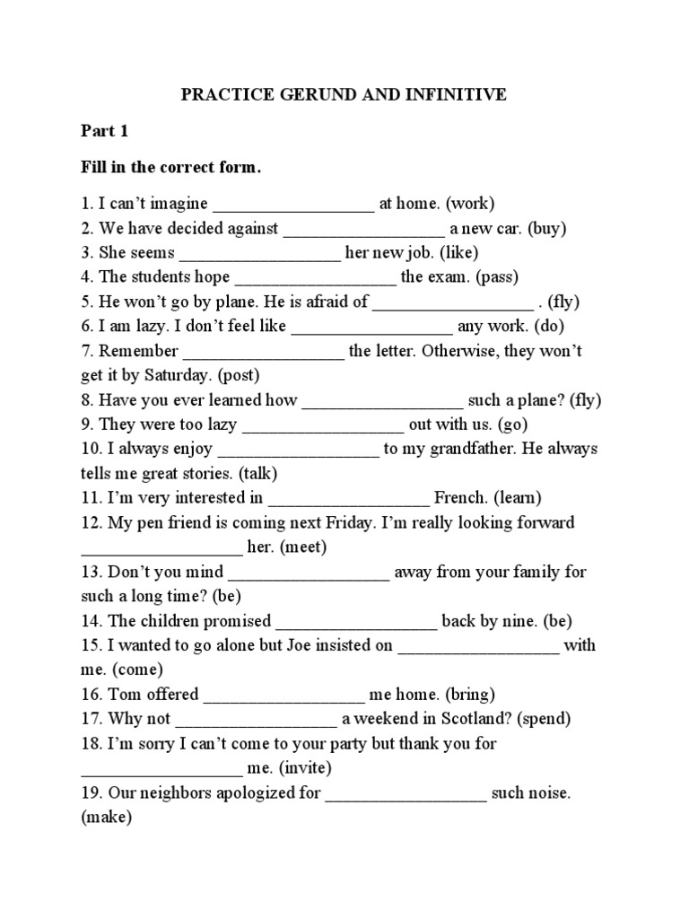 Gerund and Infinitive Practice Exercises | PDF