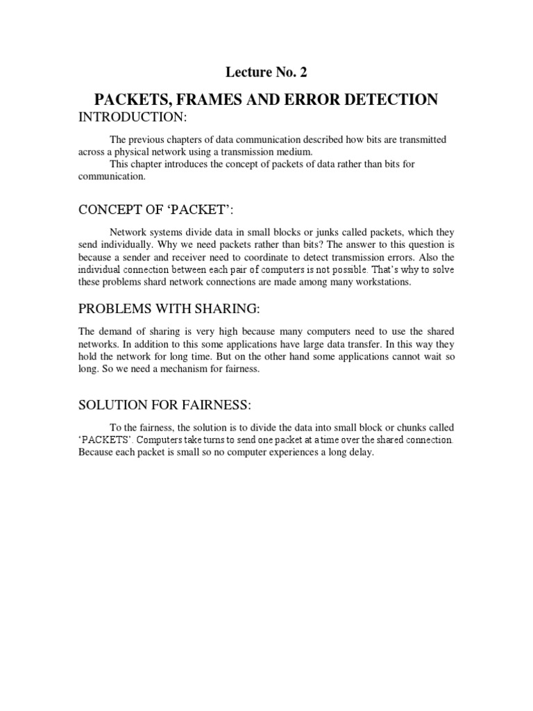 Packets, Frames and Error Detection: Lecture No. 2 | PDF | Network Packet | Computer Network