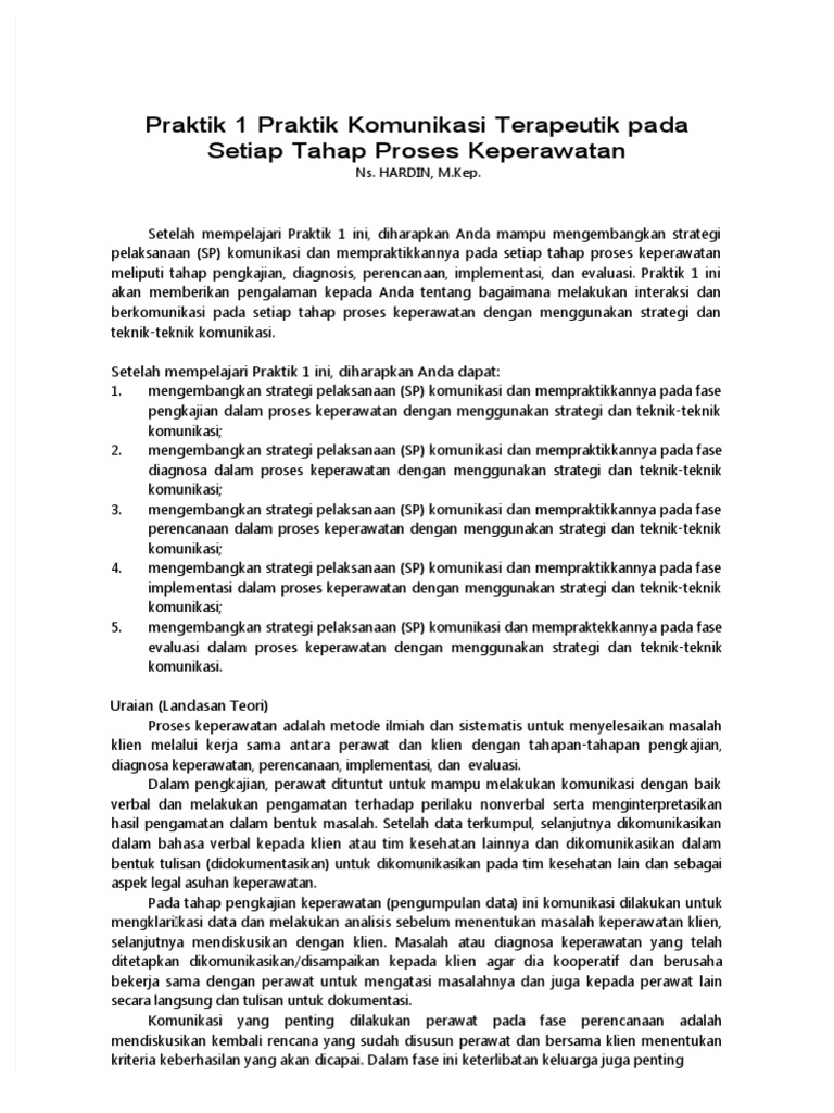 PDF Praktik 1 Praktik Komunikasi Terapeutik Pada Setiap Tahap Proses Keperawatan | PDF