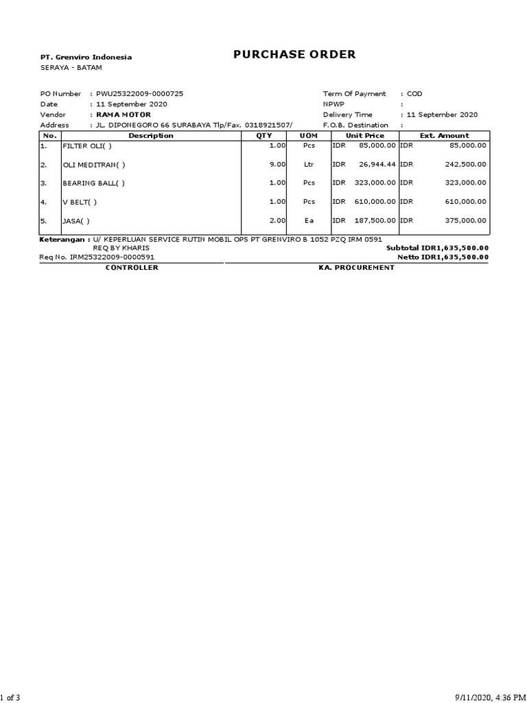 Purchase Order Pembelian Sparepart | PDF