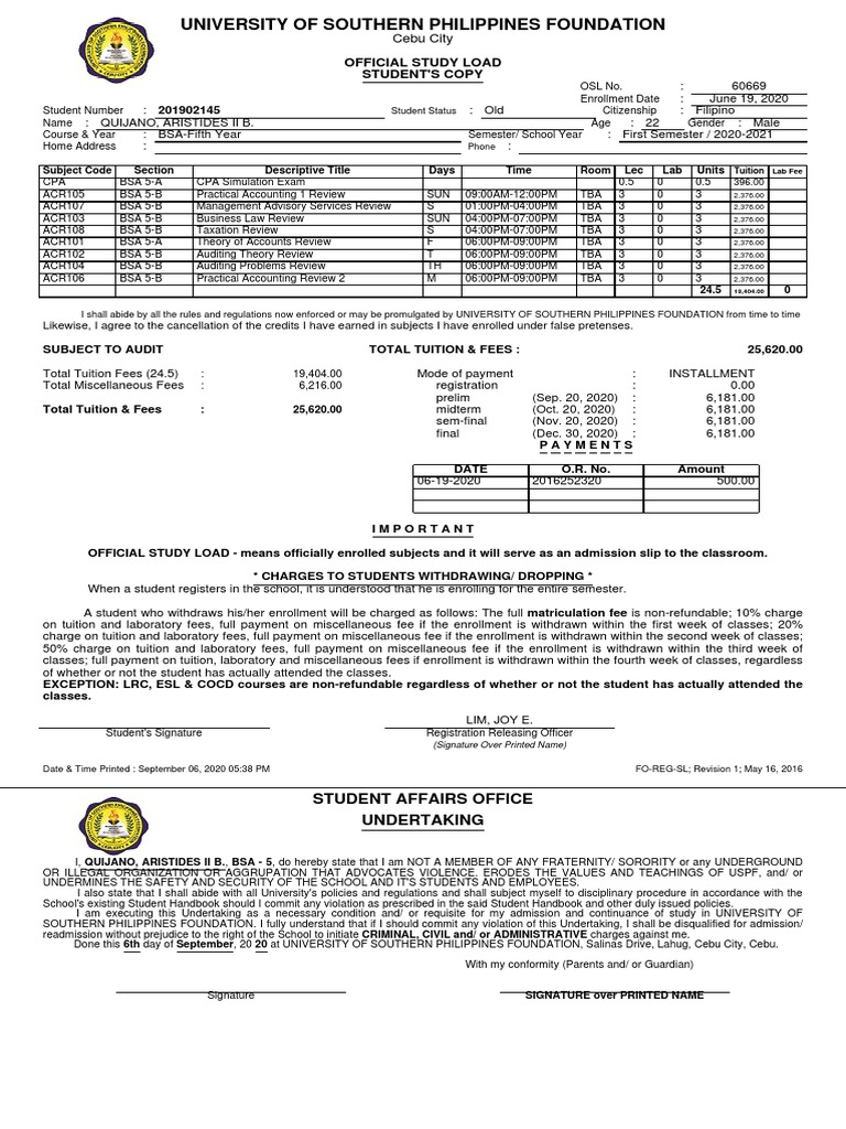 Official Study Load Student'S Copy: Section Descriptive Title Days Time ...