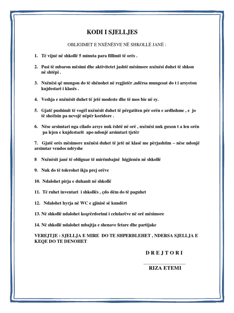 Kodi I Sjelljes: Obligimet E Nxënësve Në Shkollë Janë | PDF