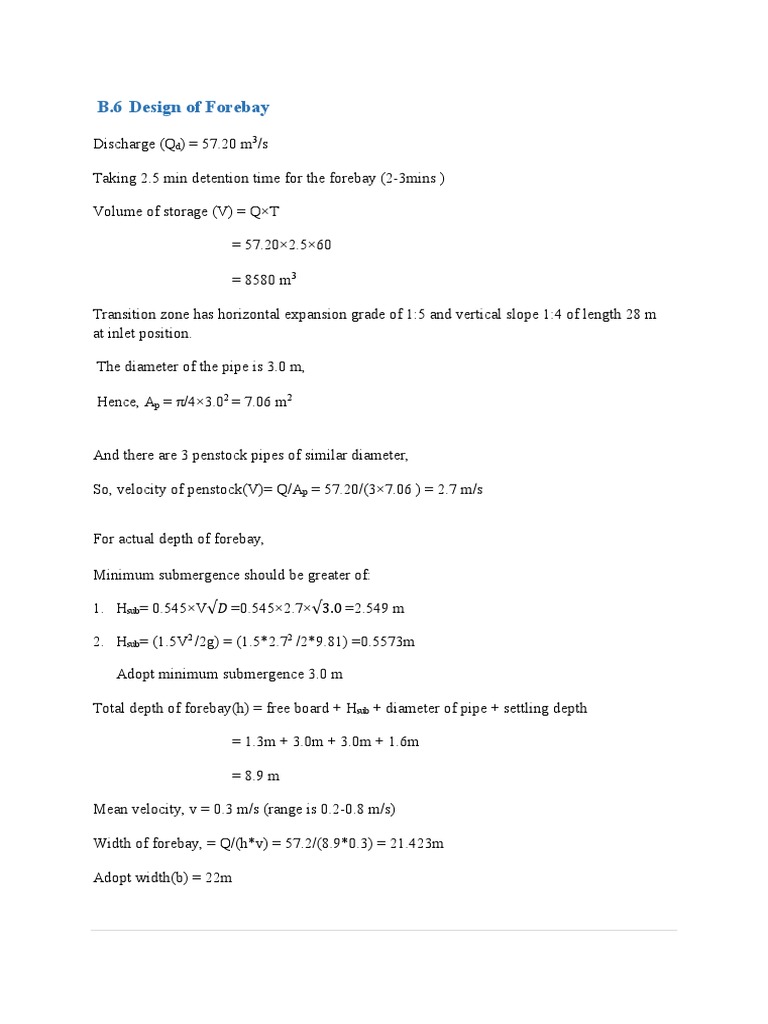 B.6 Design of Forebay | PDF | Mechanical Engineering | Civil Engineering