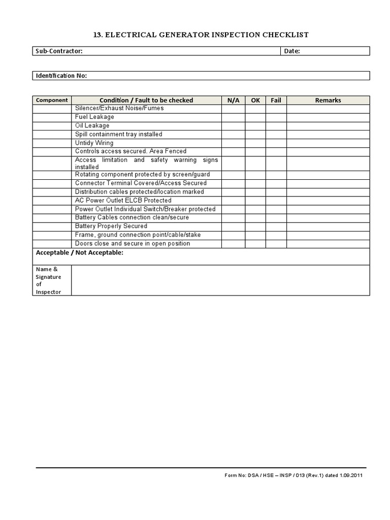 Electrical Generator Safety Checklist | PDF