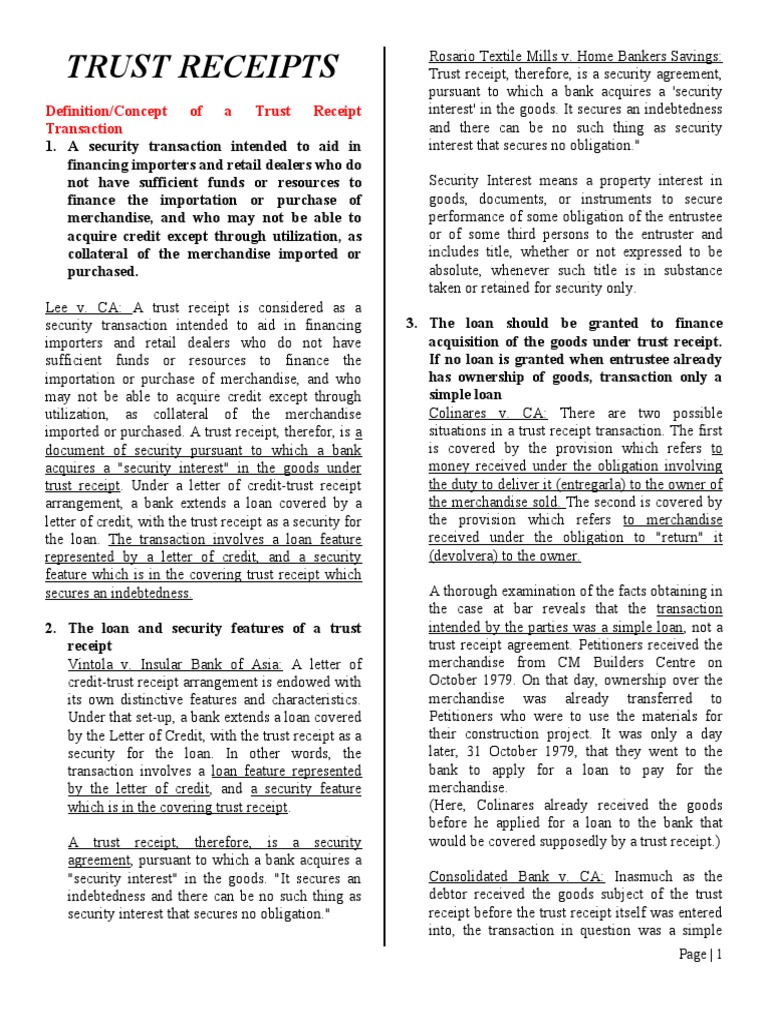 Trust Receipts: Definition/Concept of A Trust Receipt Transaction | PDF ...
