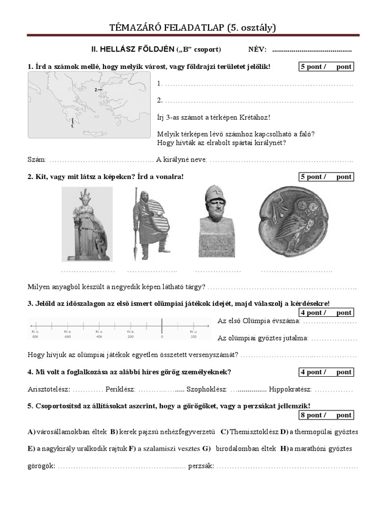 II. HELLÁSZ FÖLDJÉN - B Csoport (5. Osztály Témazáró Feladatlap) | PDF