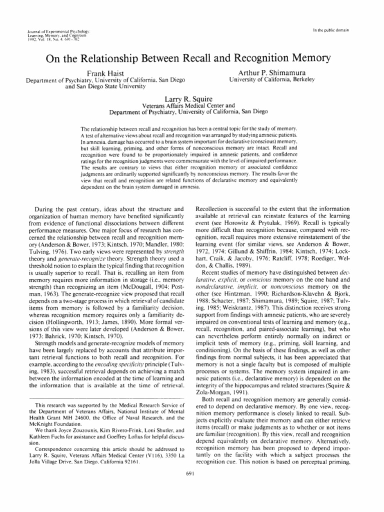 On The Relationship Between Recall and Recognition Memory: Frank Haist ...