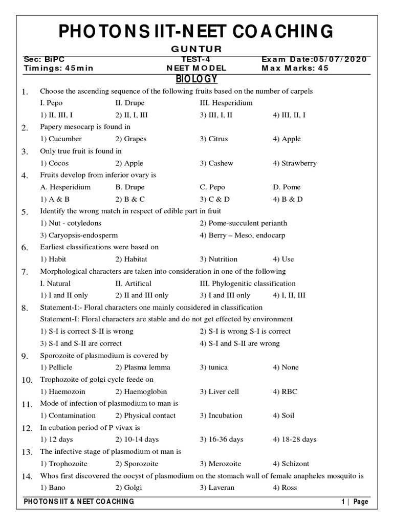 01-05-07-2020 - BiPC Question Paper PDF | PDF | Atoms | Chemistry