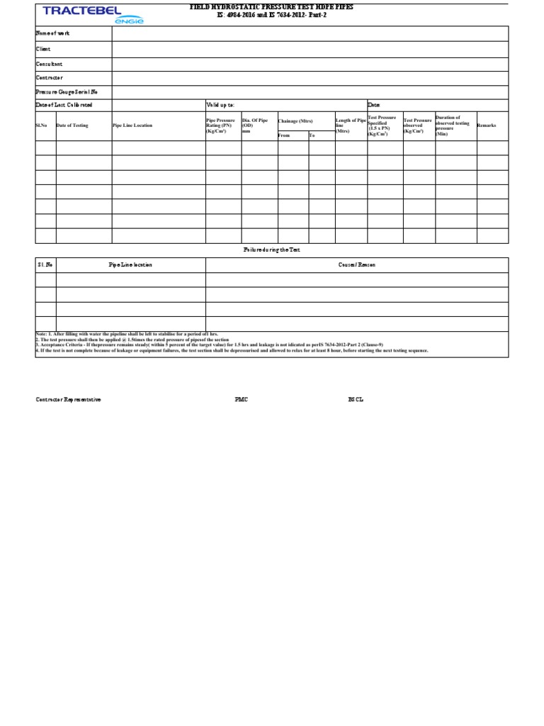 HDPE Water Supply Pipe Hydraulic Test Format | PDF | Mechanical ...