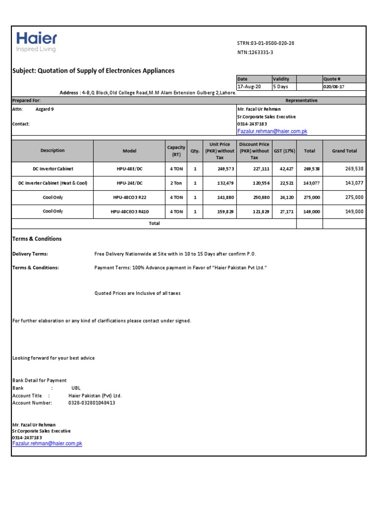 Subject: Quotation of Supply of Electronices Appliances | PDF ...