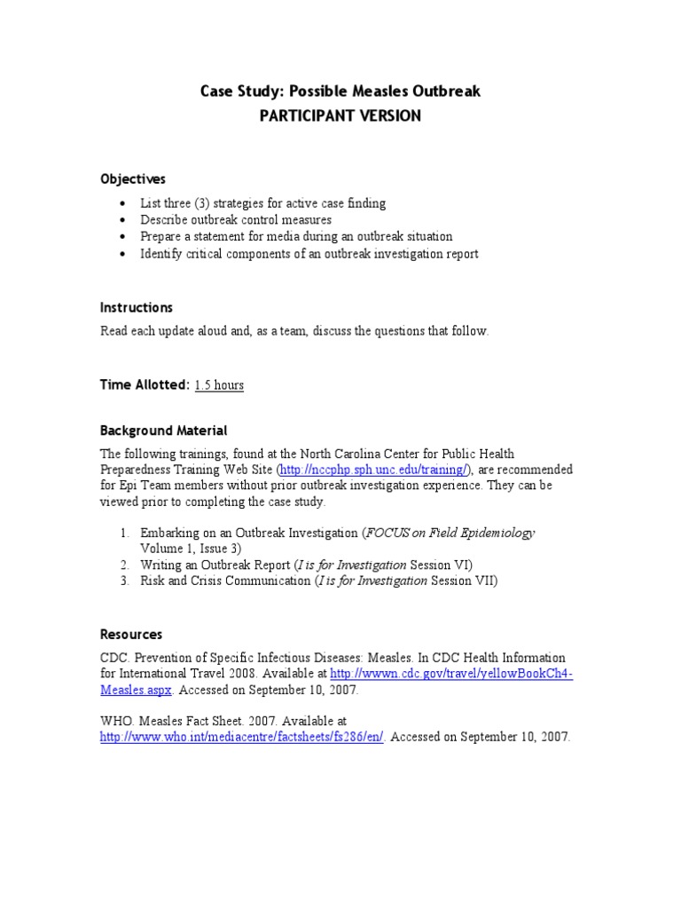 Case Study: Possible Measles Outbreak Participant Version: Objectives ...